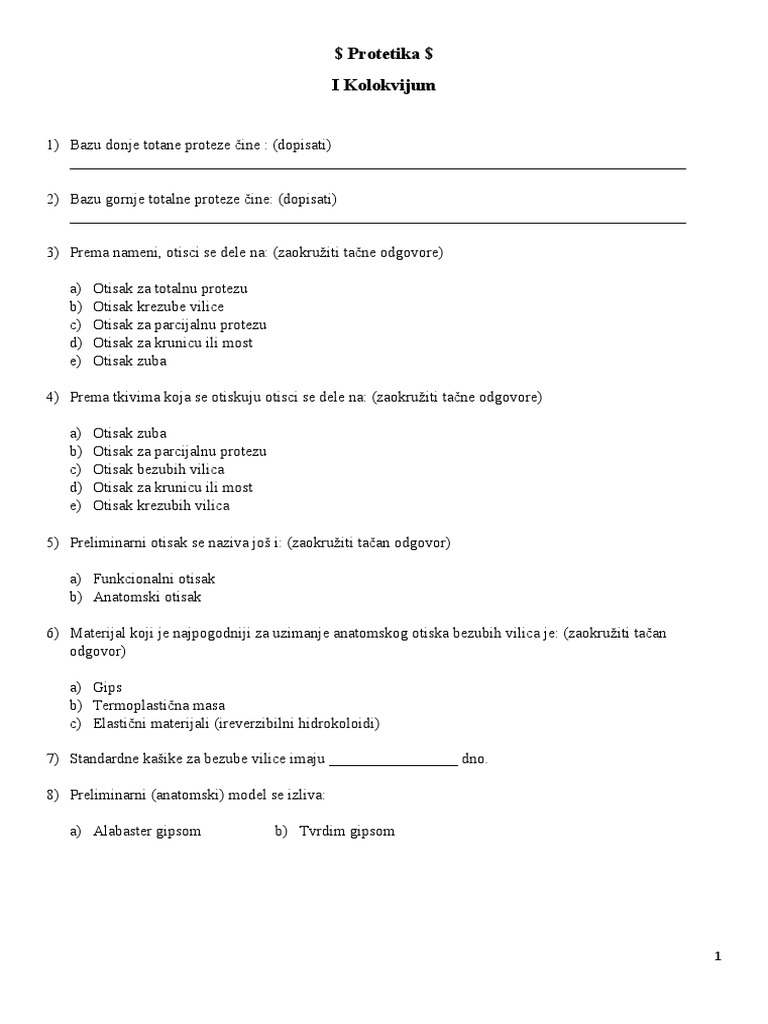 $ Protetika $ I Kolokvijum | PDF