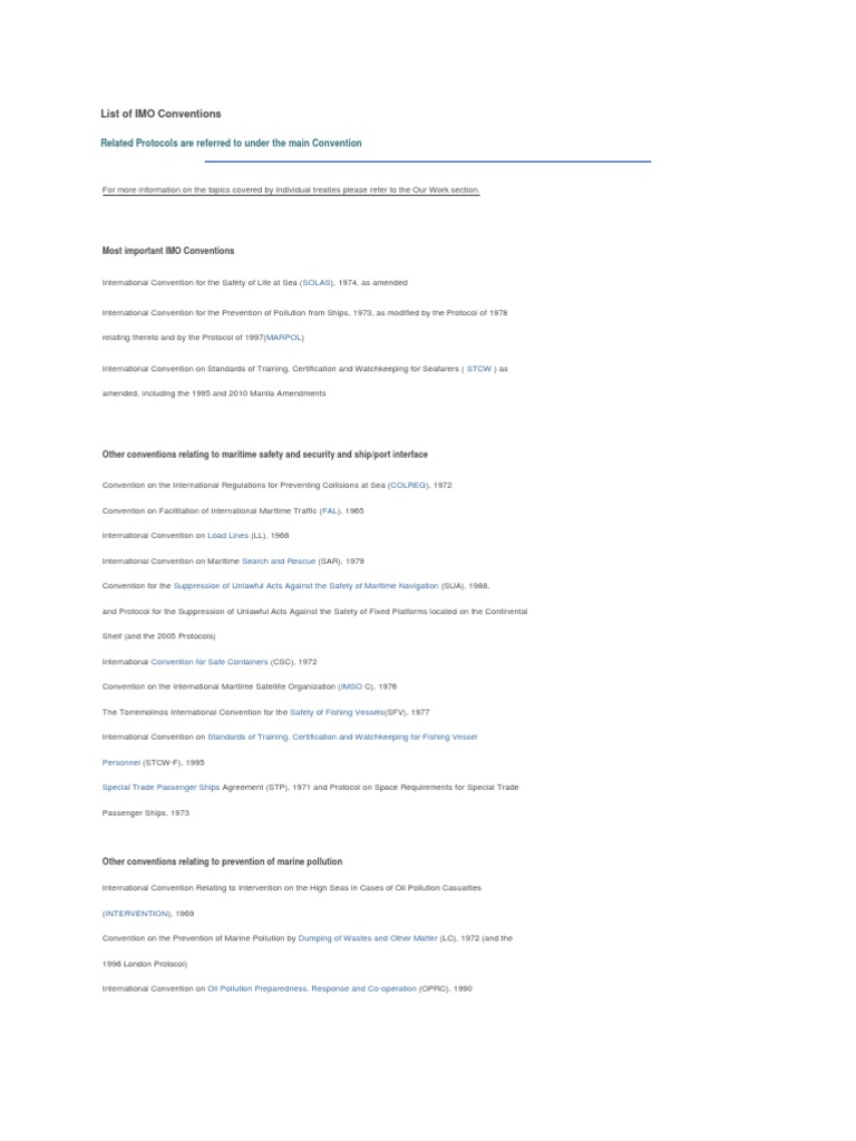 List of IMO Conventions | PDF | Water Transport | Shipping