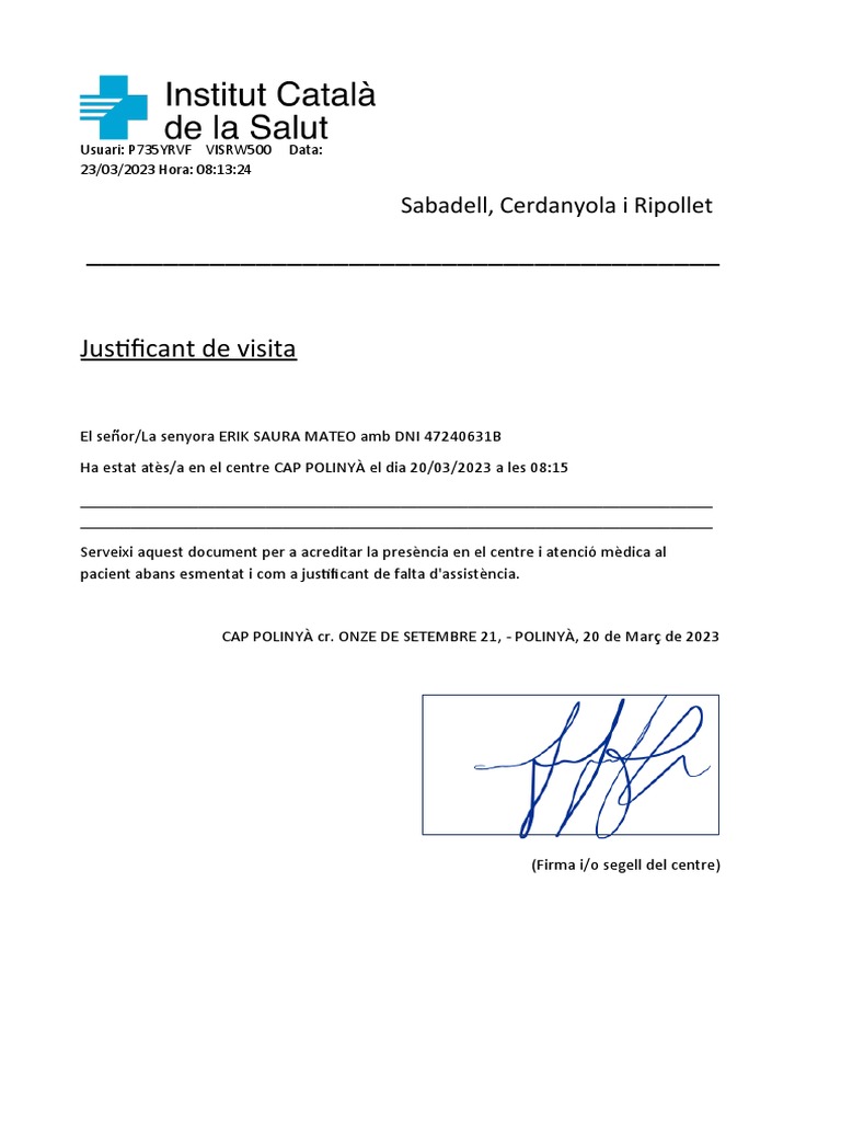 Justificant de Visita: Sabadell, Cerdanyola I Ripollet | PDF
