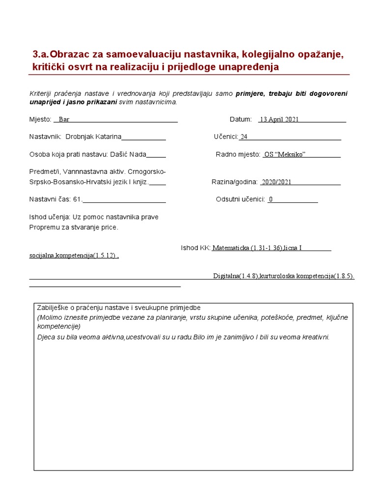 3.a.obrazac Za Samoevaluaciju Nastavnika, Kolegijalno Opažanje ...