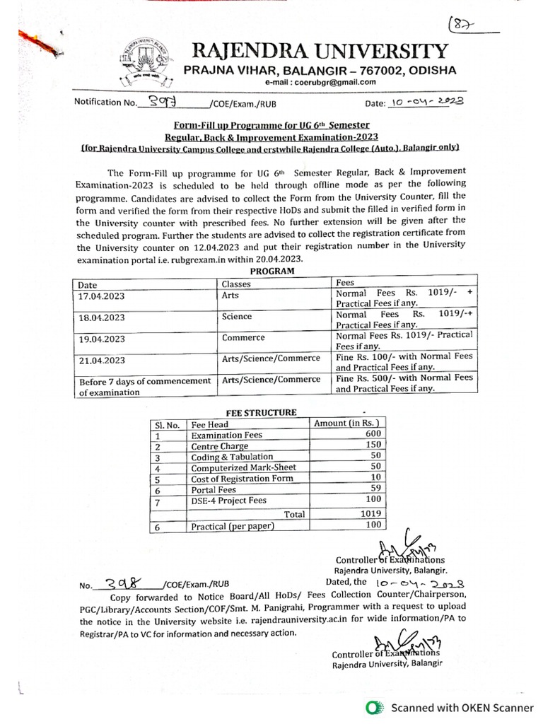 UG 6th Sem Regular Back Imp. Exam - 2023 RUB | PDF