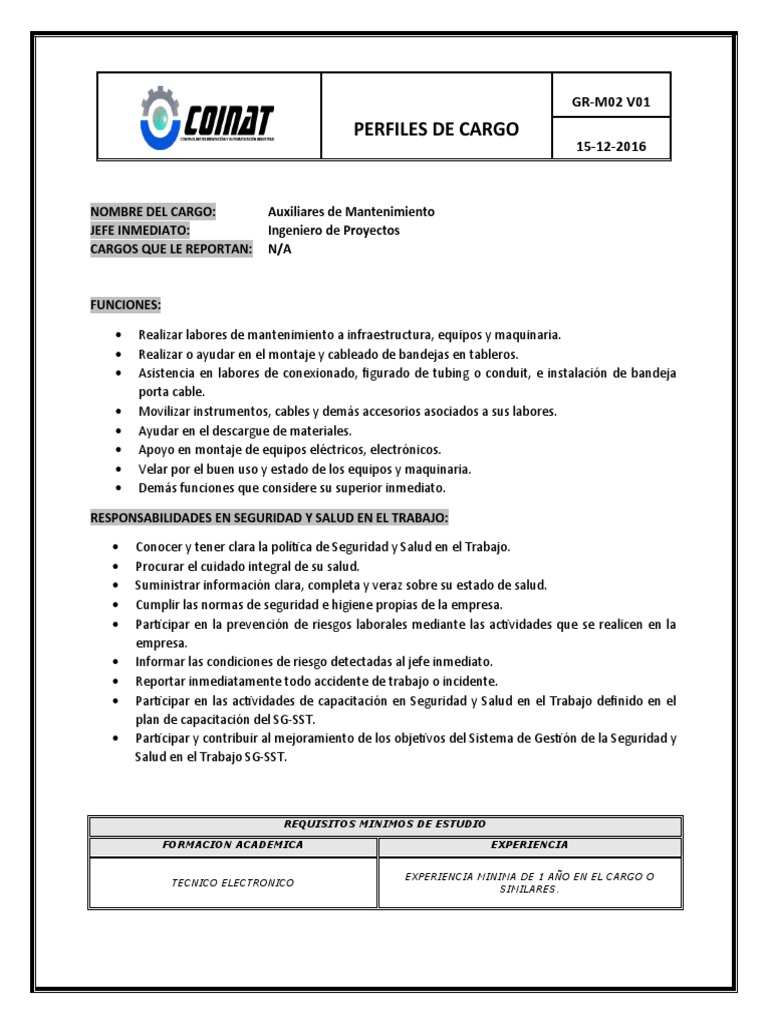 06 Perfiles de Cargo Auxiliares de Mantenimiento | PDF