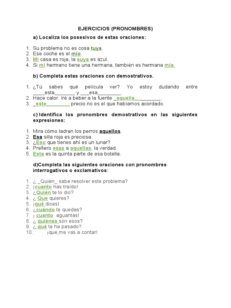 Ejercicios de Pronombres y Demostrativos | PDF | Artes del Lenguaje y ...