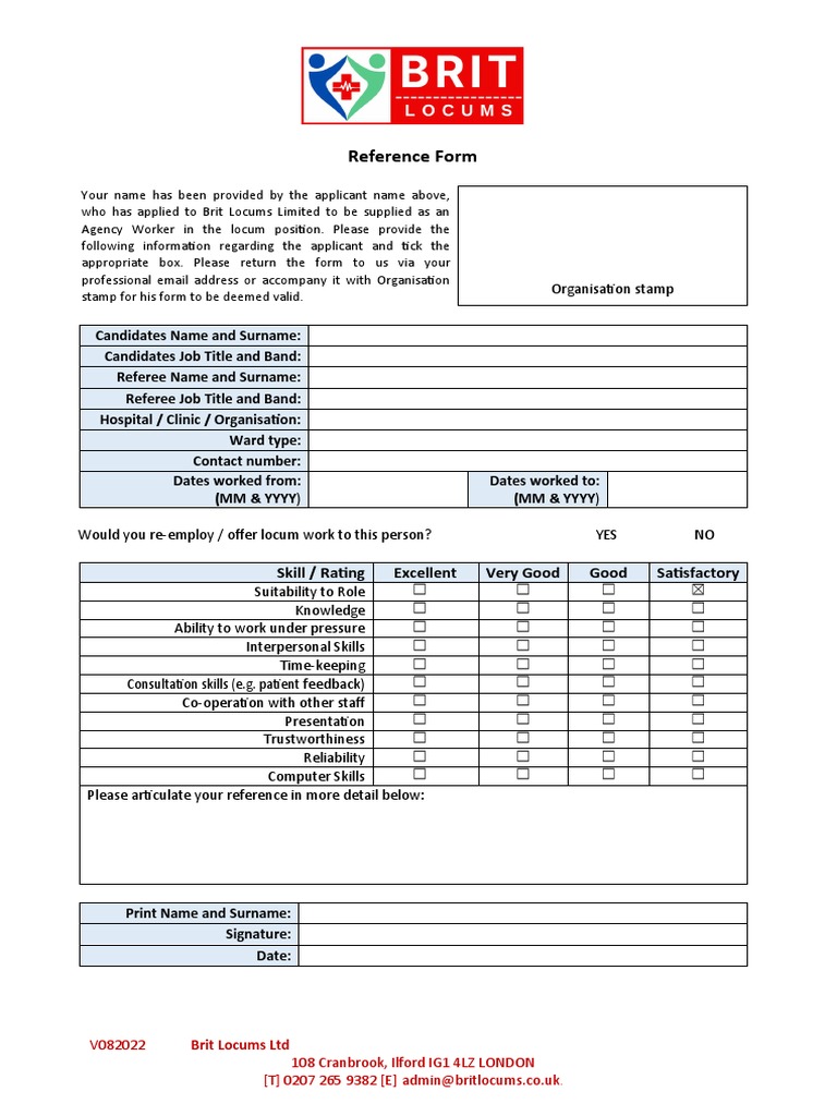 Reference Form - Brit Locums Updated 1 | PDF | Medicine | Health Care