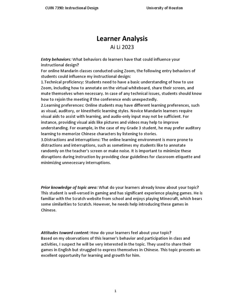 Learner Analysis | PDF | Learning | Instructional Design