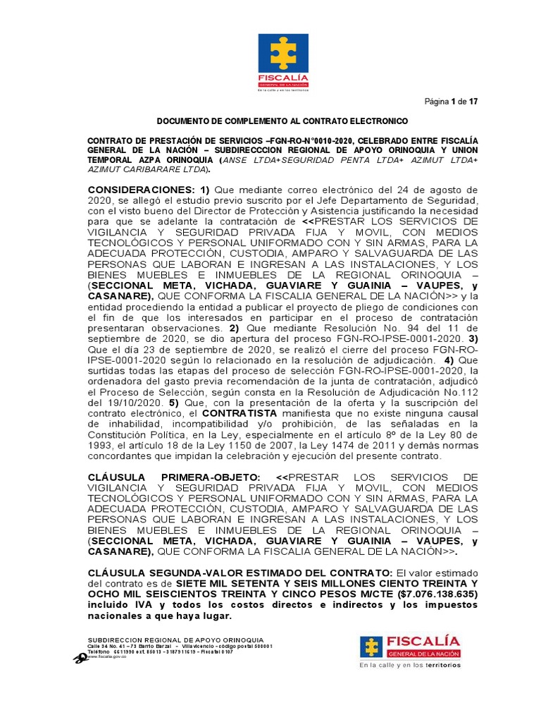 Documento Complementario Al Contrato Electrónico FGN-RO-0010-2020 | PDF | Daños y perjuicios ...