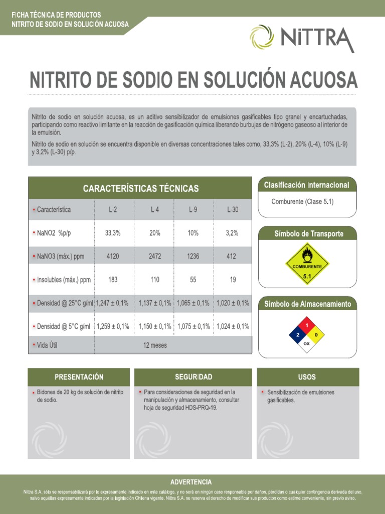 Solución Nitrito Sodio L30 (Ficha Técnica) | PDF