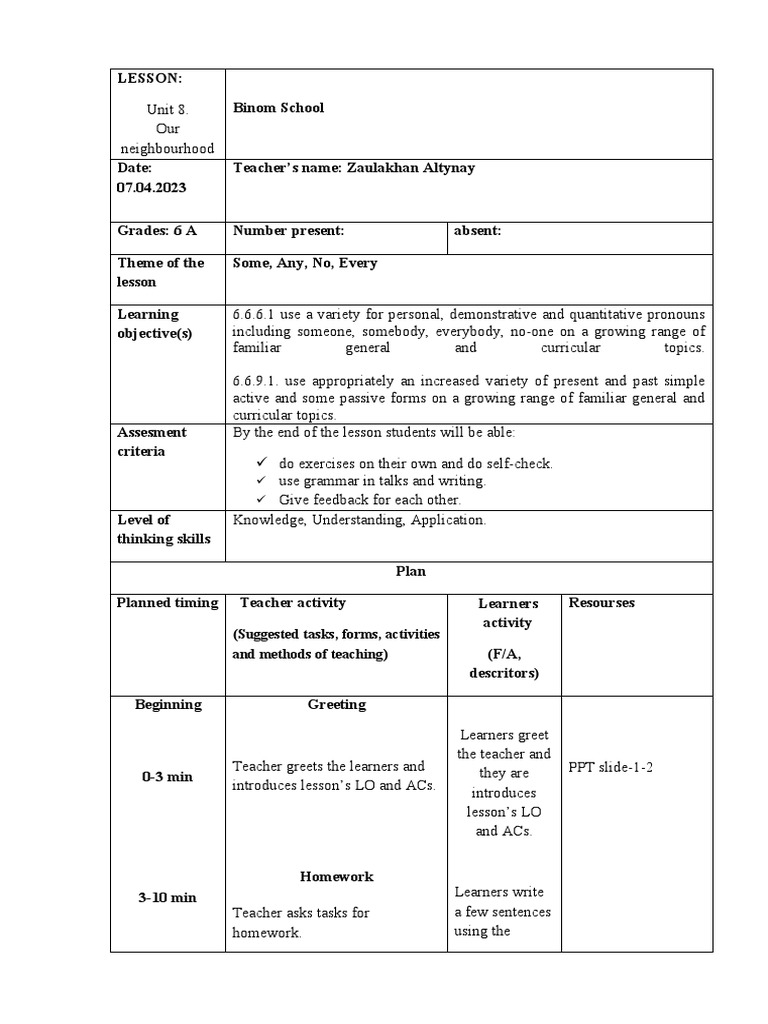 LESSON Plan 6 Unit 8 | PDF | Teachers | Learning