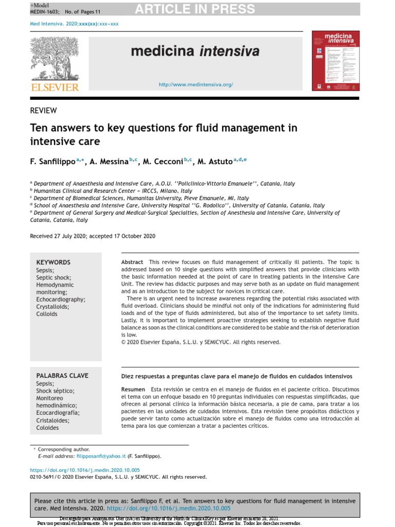 Ten Answers To Key Questions For Fluid Management Inintensive Care ...