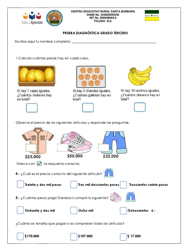 Prueba Diagnóstica Grado Tercero | PDF
