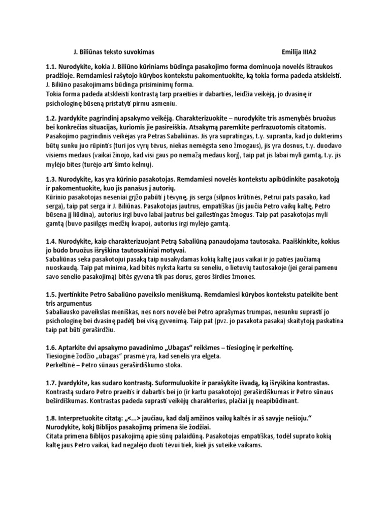 Biliūnas Ubagas Teksto Suvokimas | PDF