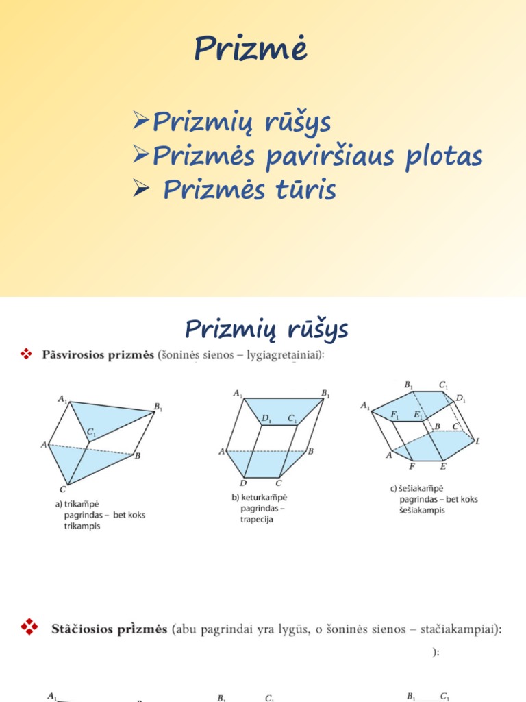 Prizmė: Prizmių Rūšys Prizmės Paviršiaus Plotas | PDF