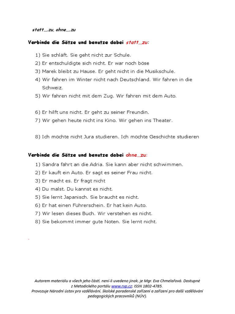 Übungen - Infinitivni Konstrukce S Ohne... Zu, Statt... Zu | PDF