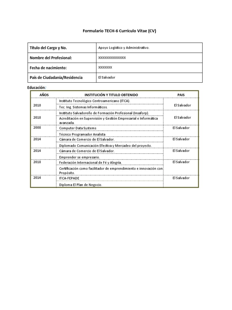 Formulario TECH 6 | PDF | Iniciativa empresarial | El Salvador