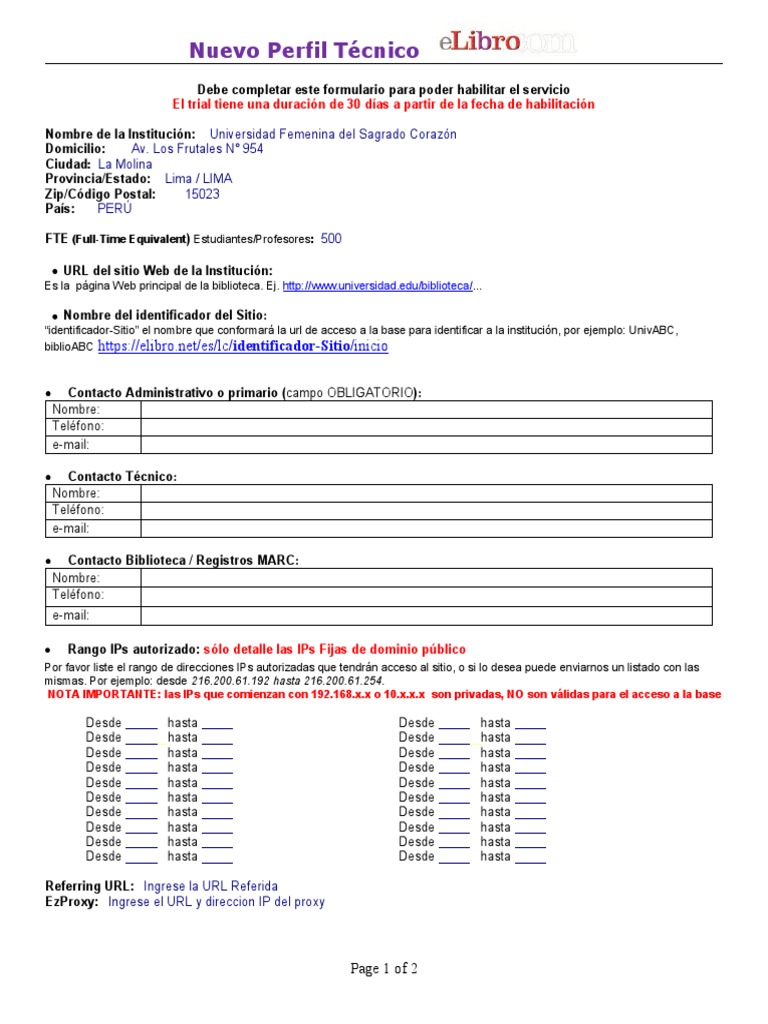 Ficha de Perfil Tecnico Elibro - UNIFÉ 2,023 | PDF