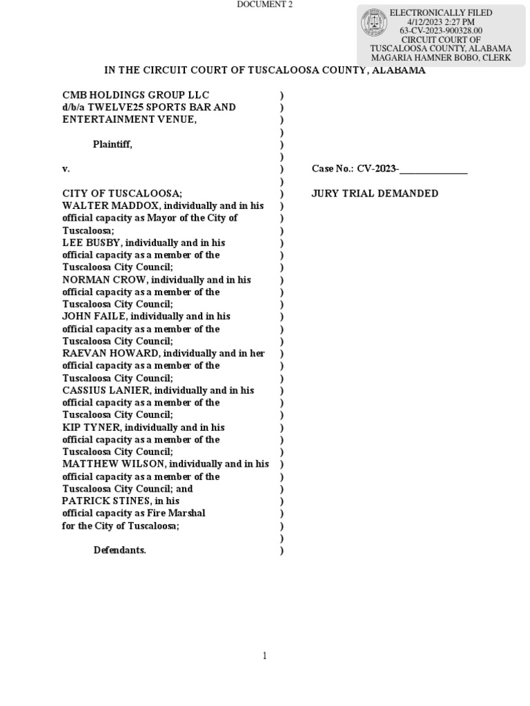 UPDATED: Tuscaloosa Bar Files Lawsuit Against City Leaders Over Occupancy Limits | PDF ...