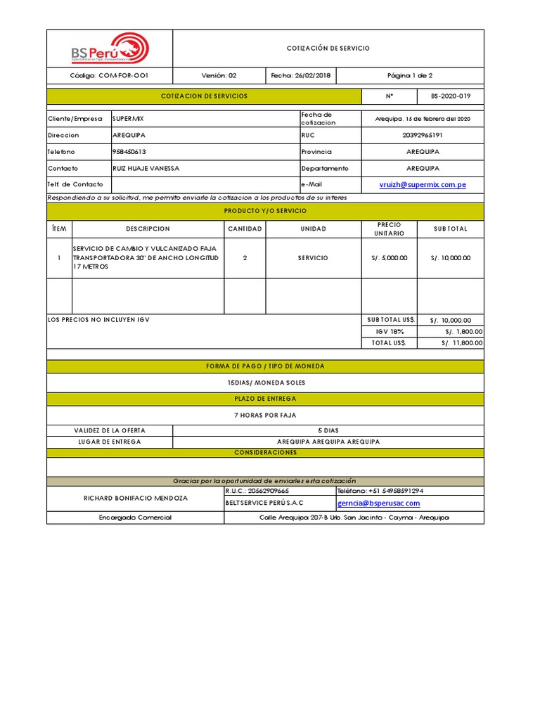 Cotizacion de Servicio BSP2020-019 Vulcanizado de Faja Spag-20-29 | PDF ...