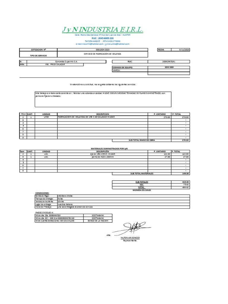 Cotización Fabricación Volanda H-1045 | PDF