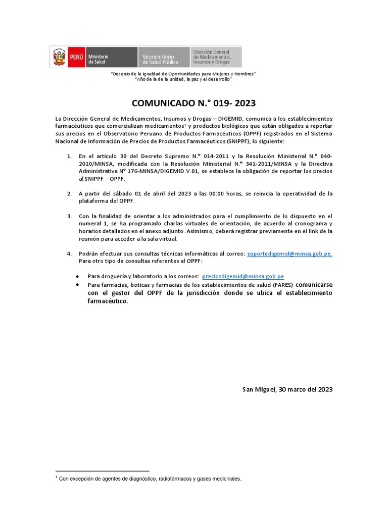 COM - 019-2023-v2 Digemid Observatorio de Precios | PDF | Farmacia | Farmacéutico