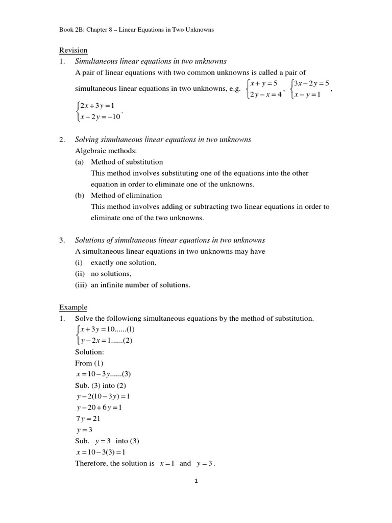 Revision 2b08 Linear Equations In Two Unknowns Pdf Equations