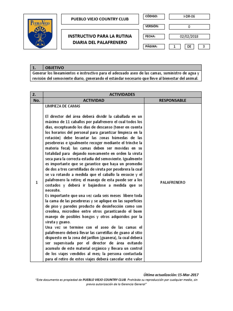 Instructivo para Rutina Diaria Palafrenero | PDF