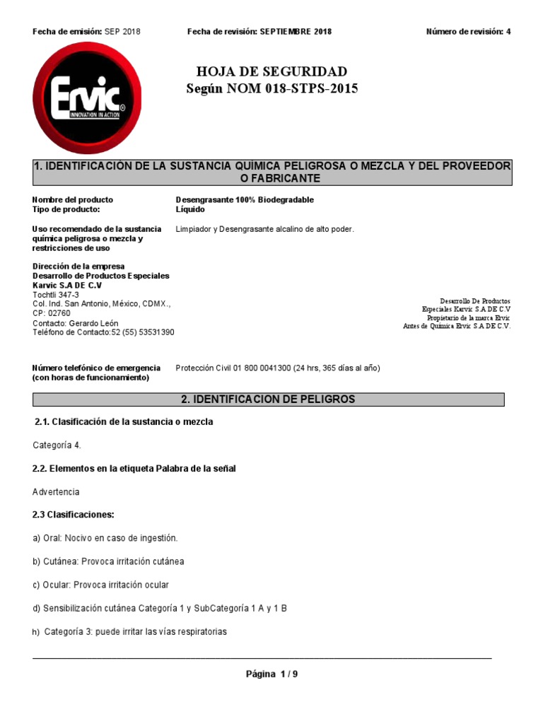 Hoja de Seguridad Según NOM 018-STPS-2015 | PDF