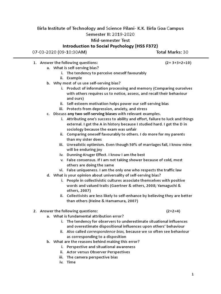 HSS F372 Ans Ky INTRO TO SOC PSY | PDF | Psychological Theories | Neuroscience