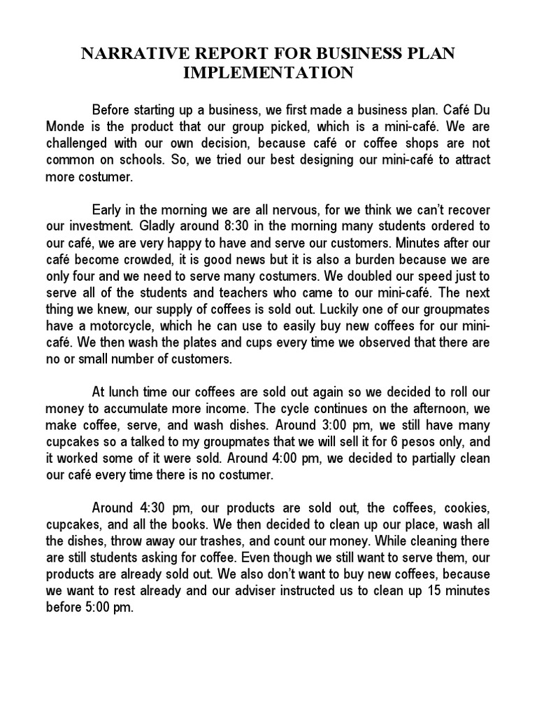 Narrative Report For Business Plan Implementation | PDF | Coffeehouse