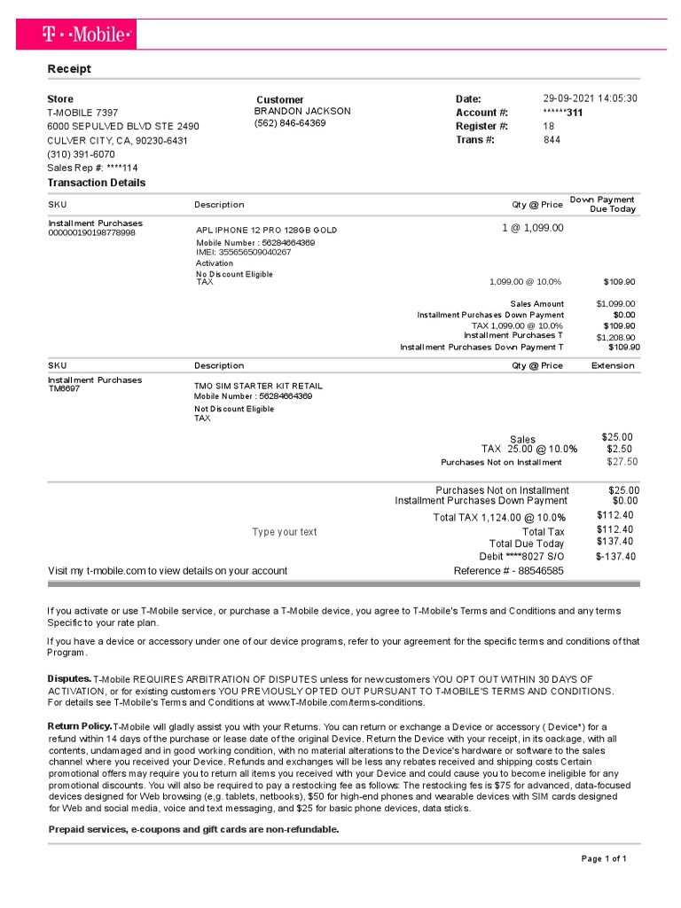 T-Mobile Purchase Receipt Summary | PDF | T Mobile Us | Receipt