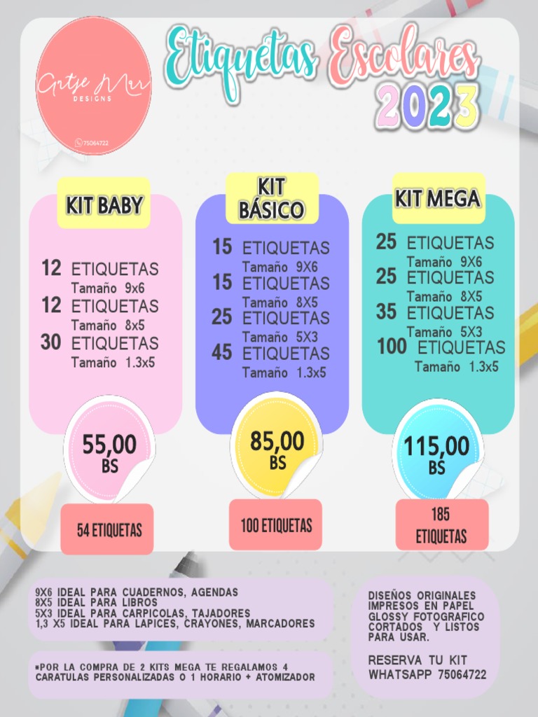 Catálogo de kits de etiquetas escolares con diferentes tamaños y ...