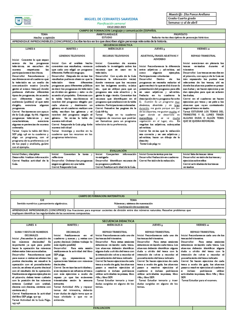 Planificación semanal para el desarrollo de habilidades de lectura y ...