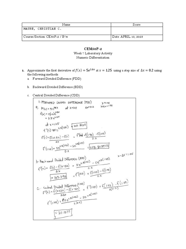 CE50P 2 Week 7 Laboratory Activity Numeric Differentiation - Maure ...