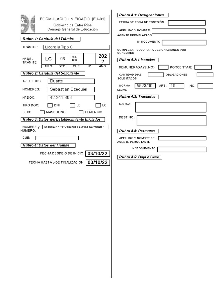 Formulario Unificado (Fu-01) : Gobierno de Entre Ríos Consejo General de Educación | PDF ...