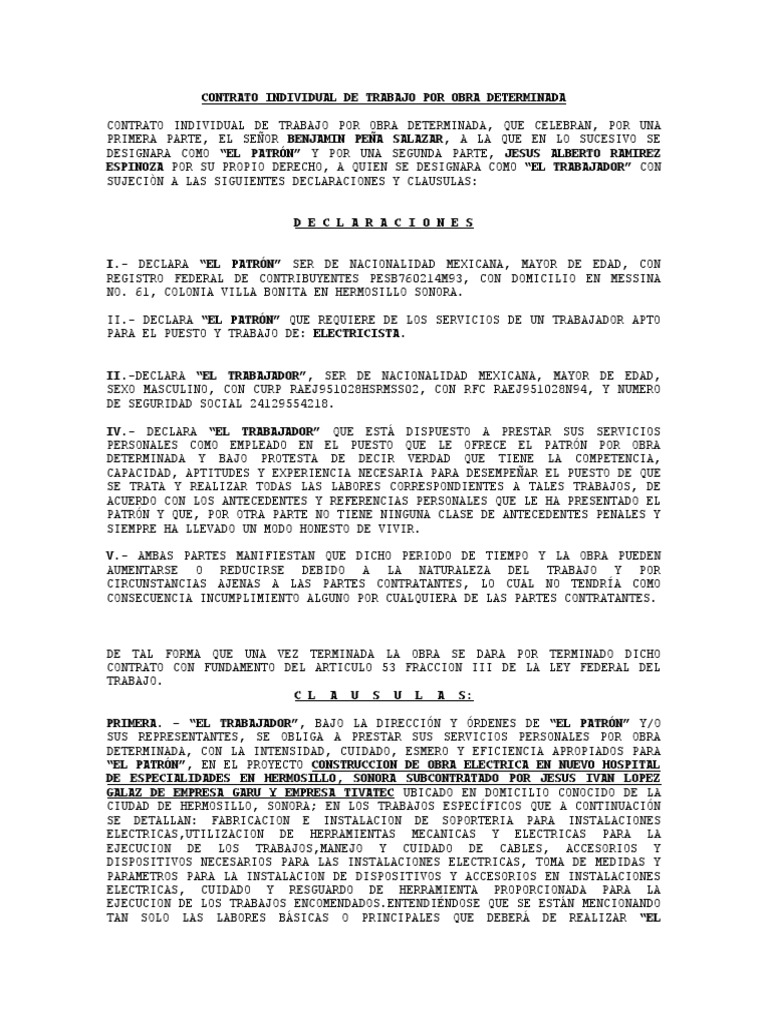Contrato de Trabajo Por Obra Determinada | PDF | Tiempo de trabajo