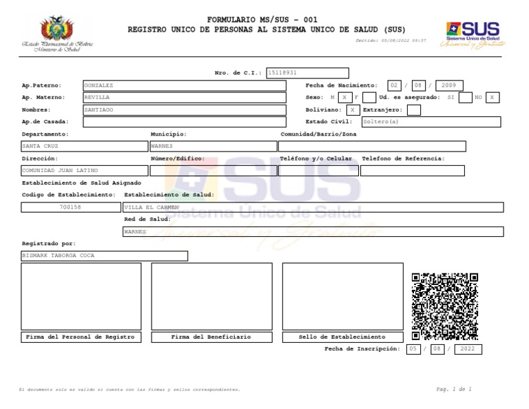 Formulario Ms/Sus - 001 Registro Unico de Personas Al Sistema Unico de ...