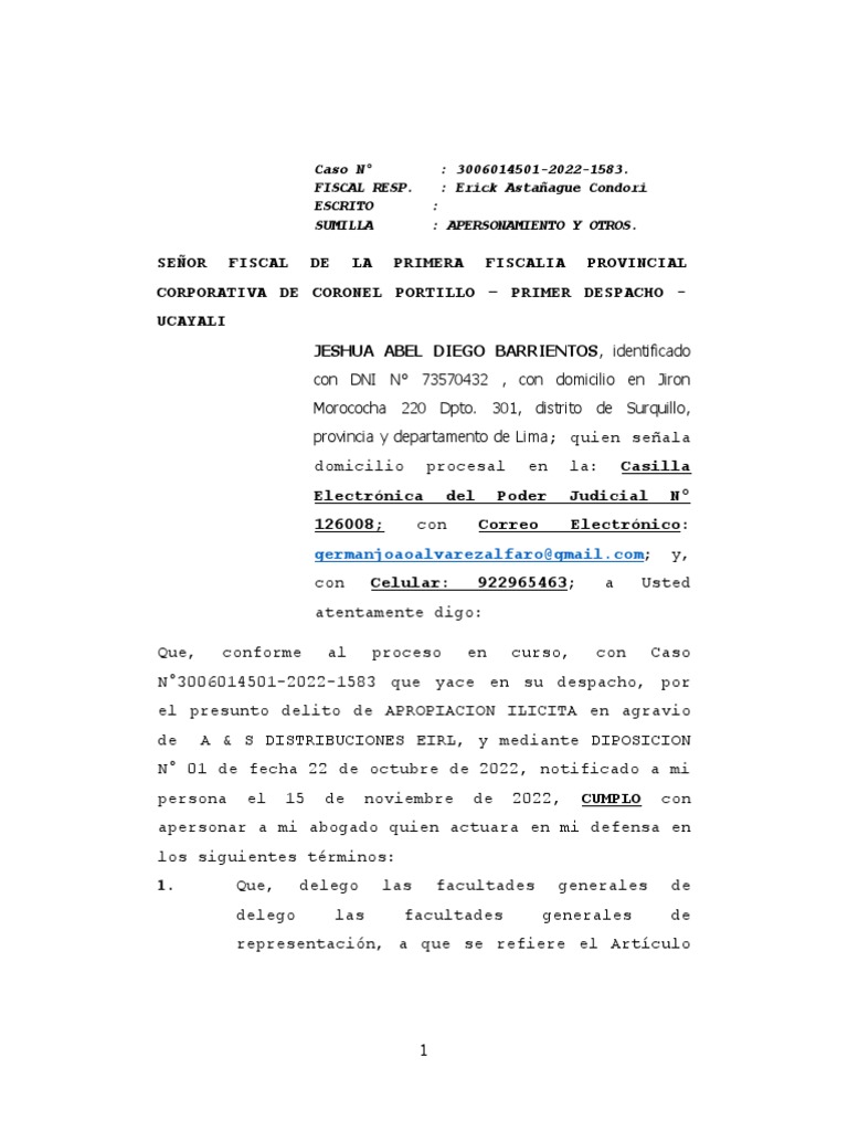 Apersonamiento y Solicito Declaracion Virtual - Jeshua | PDF | Gobierno | Justicia