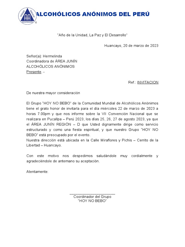 Invitación a coordinadora de Alcohólicos Anónimos para informar sobre la VII Convención Nacional ...