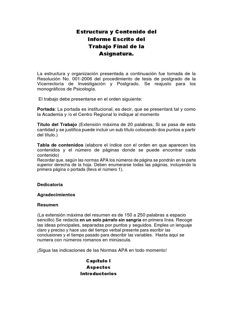 Estructura y Contenido Del Informe Escrito Del Trabajo Final de La Asignatura | Descargar gratis ...