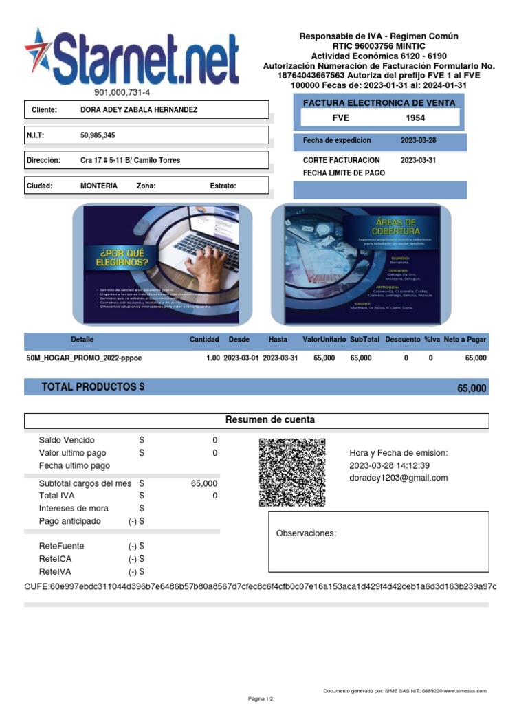 Factura Electrónica Starnet.Net 2023 | PDF | Factura | Cheque