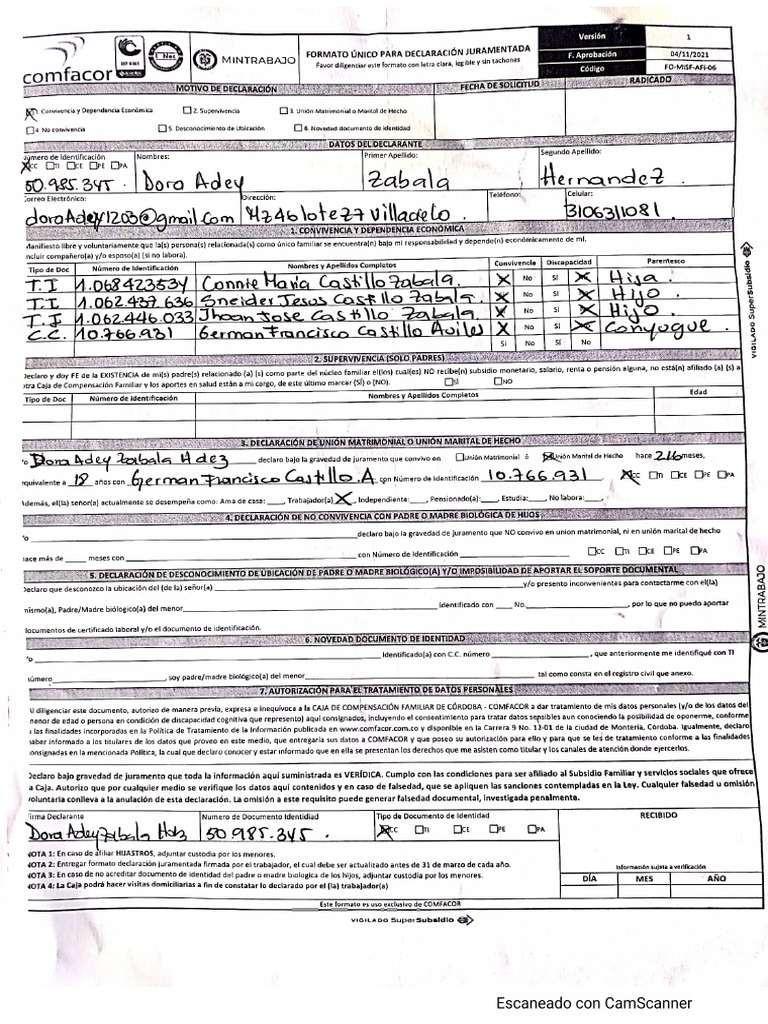 Formulario Comfacor | PDF