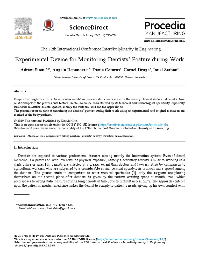 Experimental Device For Monitoring Dentists' Posture During Work | PDF ...