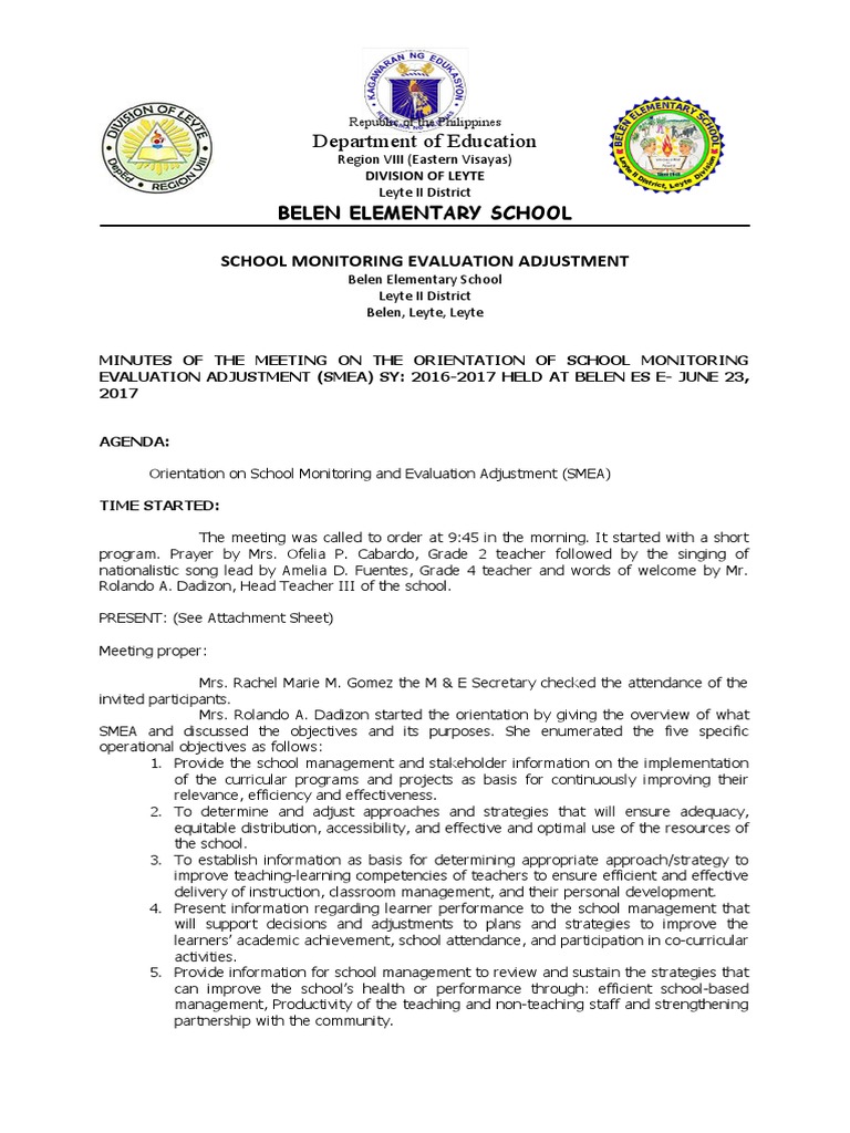 SMEA Orientation Minutes - Belen Elementary | PDF | Curriculum | Teachers