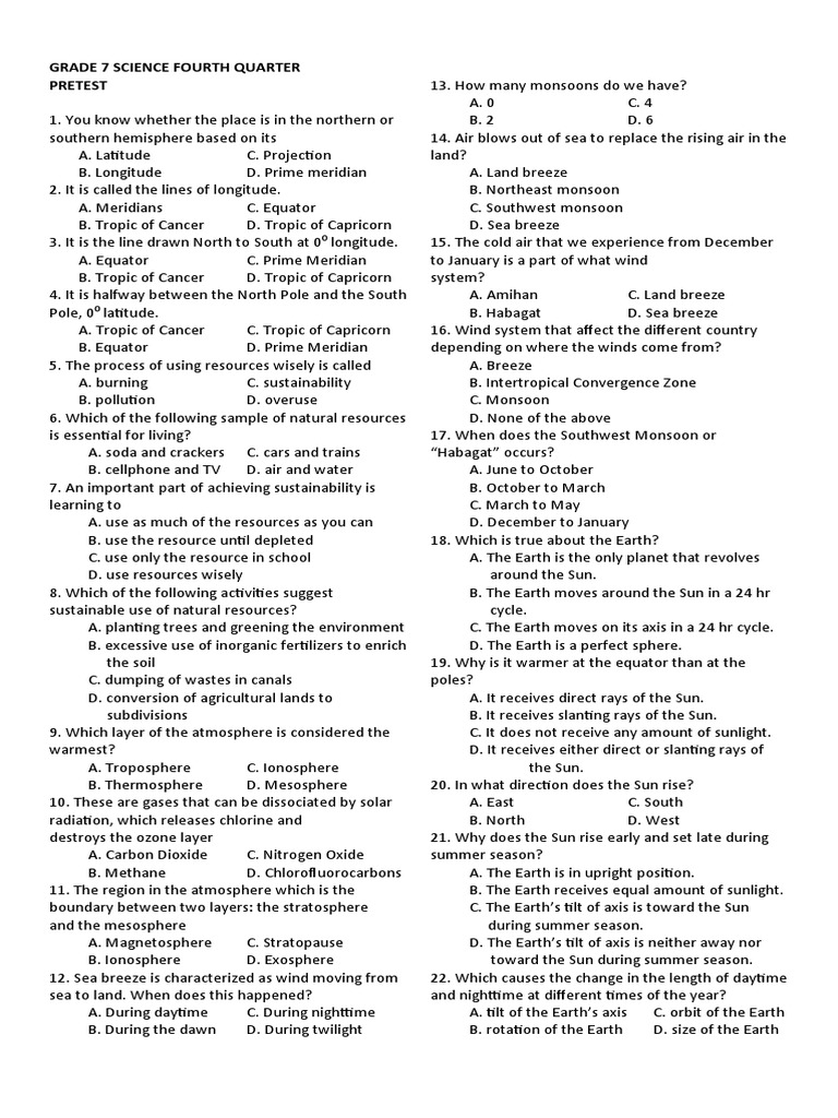 Grade 7 Science 4th Quarter Pretest | PDF | Solar Eclipse | Atmosphere ...