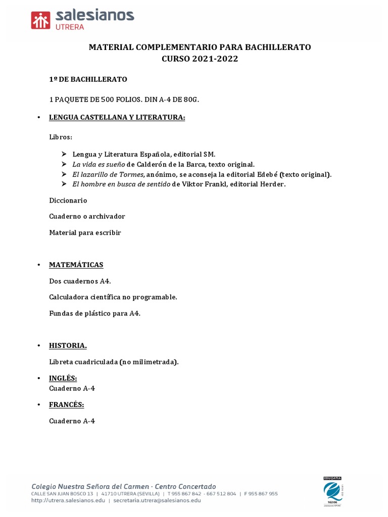 Material Bachillerato 2021-2022 | PDF | Lápiz | Cuaderno