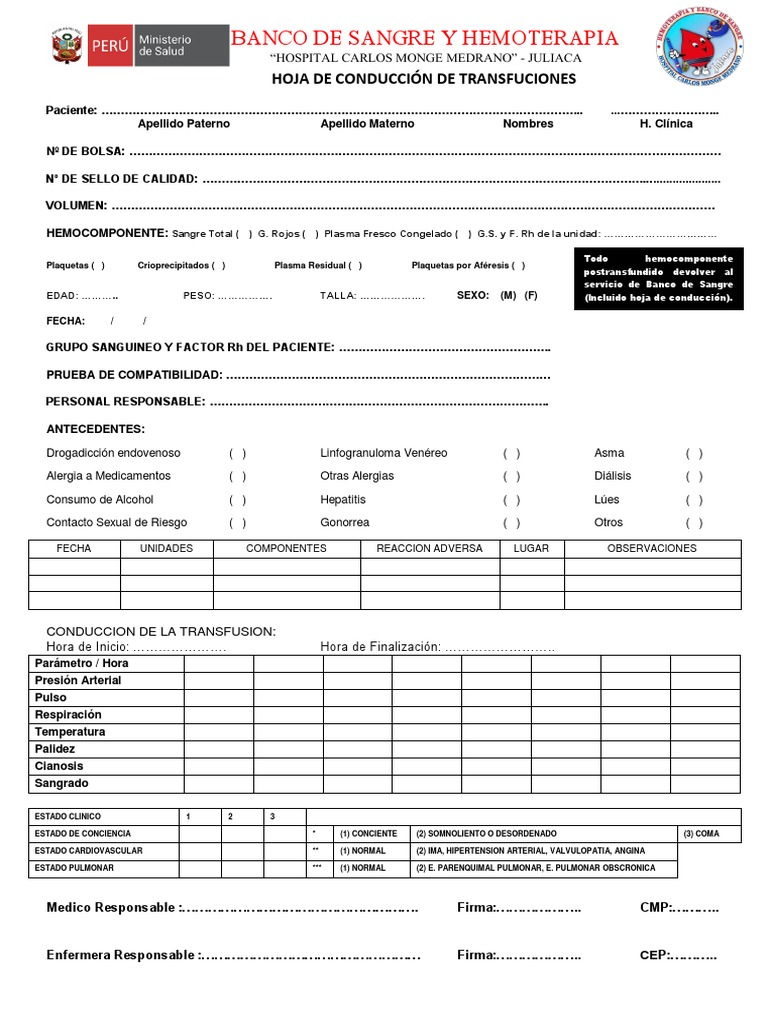 Hoja de Conduccion | PDF | Transfusión de sangre | Fluidos corporales