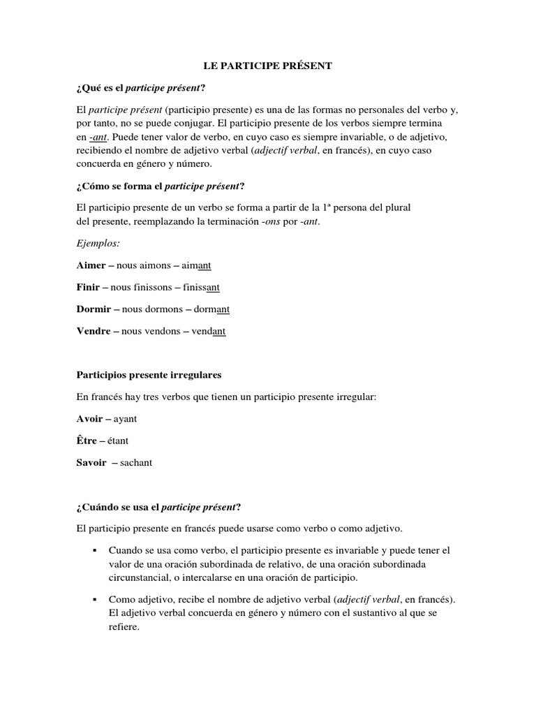 Uso y formación del participe présent en francés | PDF | Verbo | Numero ...
