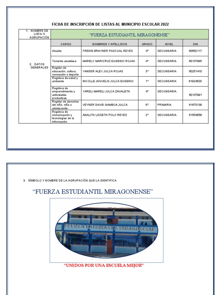 FICHA DE INSCRIPCIÓN DE LISTAS AL MUNICIPIO ESCOLAR 2022 | PDF | Gobierno