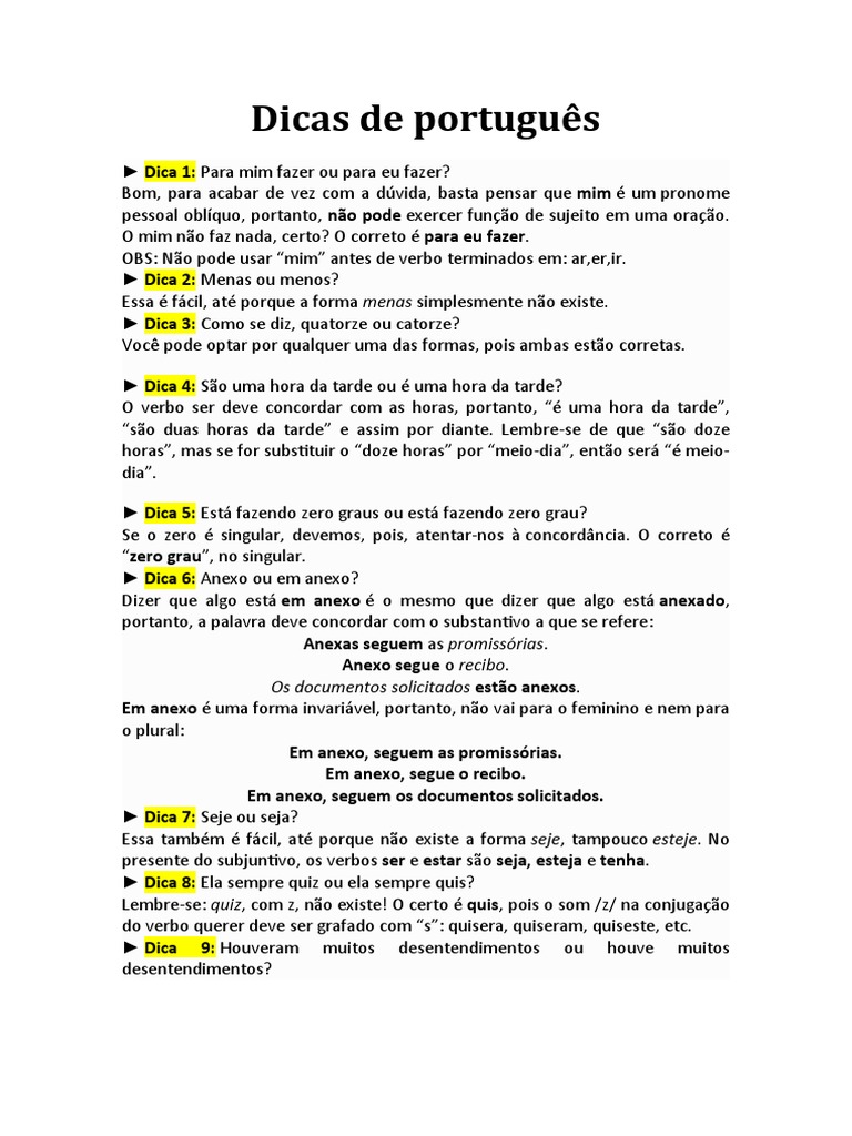 Dicas de Português | PDF | Assunto (gramática) | Sintaxe