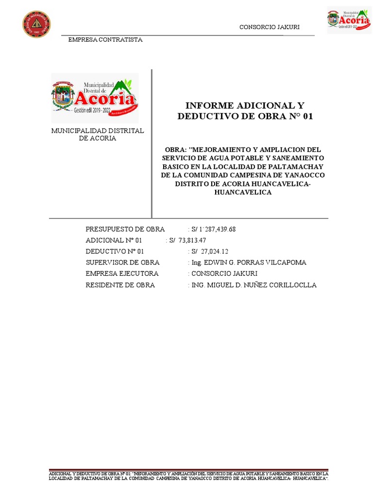 1. MEMORIA DE ADICIONAL Y DEDUCTIVO N° 01 | PDF | Presupuesto | Tubería (transporte de fluidos)
