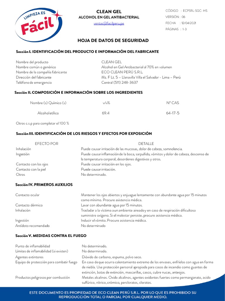 Msds Alcohol en Gel Facilperu | PDF